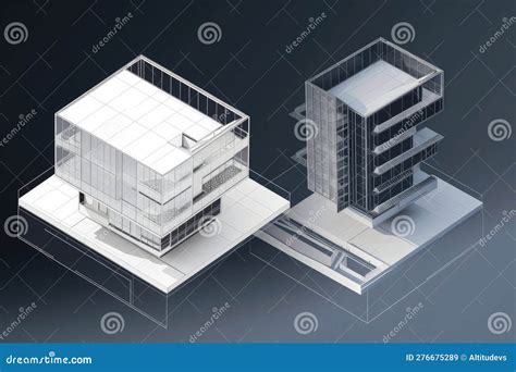 Architectural Plan With Isometric View Of Modern Office Building And Axonometric View Of