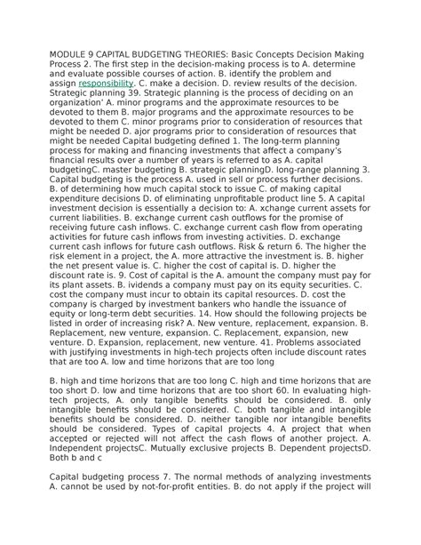 Module 9 Capital Budgeting Theories MODULE 9 CAPITAL BUDGETING