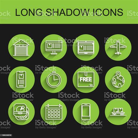 골판지 상자 캘린더 폐쇄 창고 앱 배달 추적 철도 마차 스톱 워치 전 세계 및 골판지 무료 기호 아이콘과 휴대 전화에 라인 피자를 설정합니다 벡터 녹색에 대한 스톡 벡터