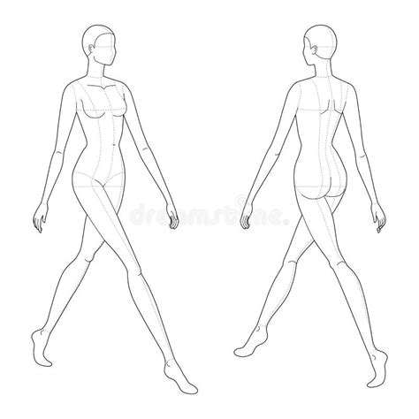 Walking Women Fashion Template 9 Nine Head Size Female With Main Lines