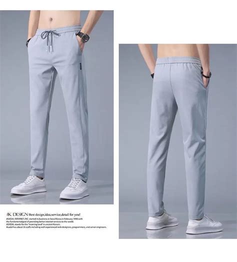 Men Fast Dry Stretch Pants Ice Silk Trousers Solid Color Mid Waist