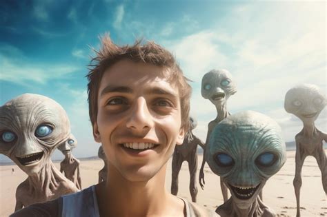 Premium Ai Image Cosmic Selfie Beach Encounter With Aliens Generative