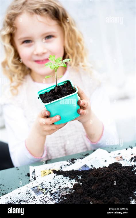 Girl Holding Seedling In Pot Stock Photo Alamy