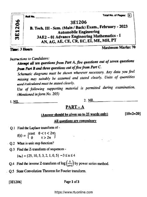 Btech 3 Sem Advance Engineering Mathematics 1 3e1206 Feb 2023 Pdf