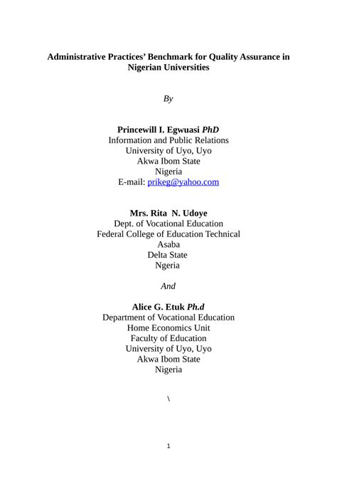 Pdf Administrative Practices Benchmark For Quality Assurance In Nigerian Universities