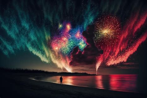 premium ai image multi coloured fireworks exploding over water