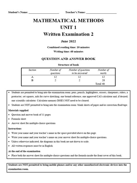 2022 Y11 Mm12 June Exam P2 Vce Maths Methods Unit 1 Pdf Multiple Choice Inequality