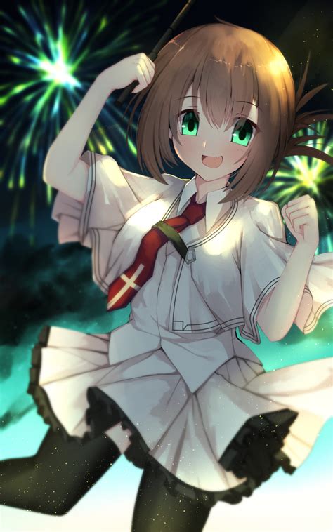 Safebooru 1girl D Absurdres Aerial Fireworks Arm Up Black Thighhighs