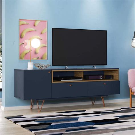Rack Para Tv Até 55 Polegadas 1 Porta 2 Gavetas Retro Metal Alasca Olivar Azul Navyfreijo