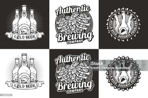 맥주 캡 캔 홉 스켈레톤 및 병이 있는 양조 엠블럼 또는 수제 맥주 로고의 맥주 세트 두개골 맥주 유리 및 바 펍 또는 양조장 상점을 위한 보리가 있는 라벨 또는 인쇄