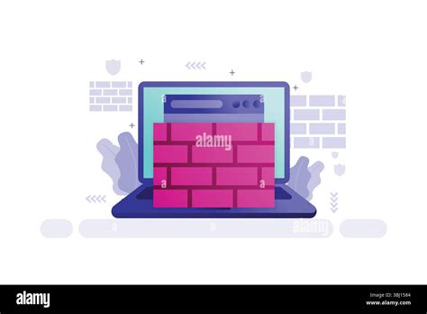 Vector Illustration Of Laptop With Pink Firewall Graphic And Cybersecurity Shield Elements Stock