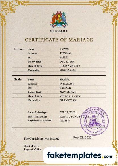 Fake Grenada Marriage Certificate Download Psd Template Fully