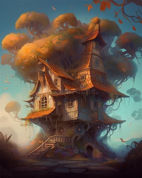 Generative Ai Tree And House With Gardens And Path Stock Illustration