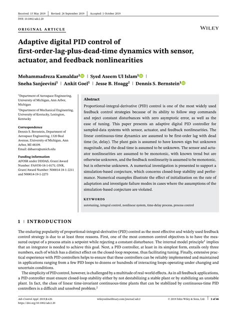 Adaptive Digital Pid Control Of First‐order‐lag‐plus‐dead‐time Dynamics