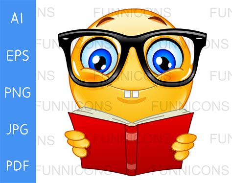 Clipart Cartoon Of A Nerd Emoticon With Eyeglasses And Reading A Book