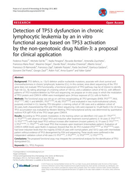 Pdf Detection Of Tp53 Dysfunction In Chronic Lymphocytic Leukemia By
