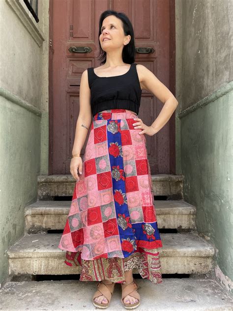 Bohem Pembe Kırmızı Çift Taraflı Bağlamalı İpek Etek Boho Yaşam