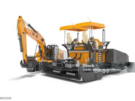 흰색 배경 그림자에 도로 기계 오렌지 아스팔트 스프레더 기계 및 크롤러 굴삭기 3d 렌더링 0명에 대한 스톡 사진 및 기타 이미지 0명 거리 고속도로 Istock