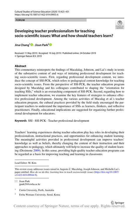 Developing Teacher Professionalism For Teaching Socio Scientific Issues What And How Should
