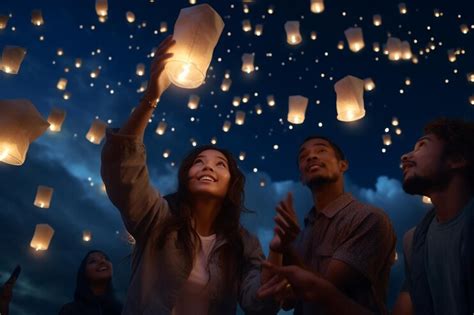 Premium Ai Image Multicultural Friends Releasing Paper Lanterns
