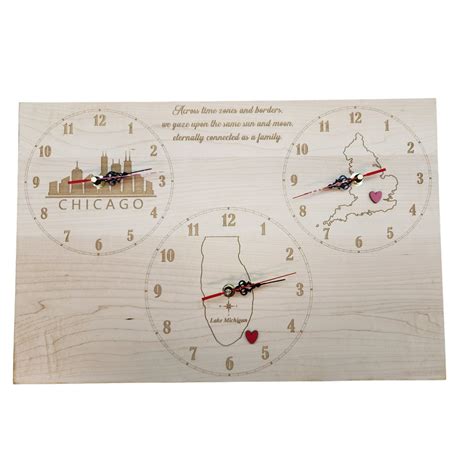 Personalized Triple Time Zone Clock Laser Engraved Hardwood Wall Decor