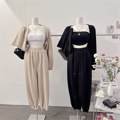 이프유마인 가디건팬츠set꾸안꾸룩 겨울 베이글 양털 뽀글이 퍼 후리스 스트링 오버핏 슬림핏 벌룬 퍼프 긴팔 크롭 니트 볼레로 가디건 투웨이 밴딩 와이드 조거 팬츠