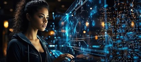 Premium Photo Laptop Code Hologram And Woman Thinking Of Data