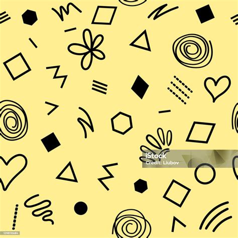 다양한 손으로 그리는 식물과 모양 선과 추상적 인 배경 복고풍 스타일 검은 색 노란색 베이지 색 모래 색 벽지 종이 직물에 인쇄하기위한 벡터 원활한 패턴 0명에 대한 스톡