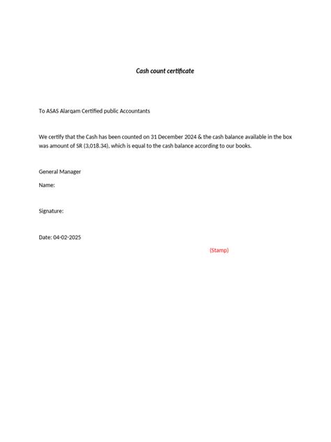 Cash Count Certificate Pdf