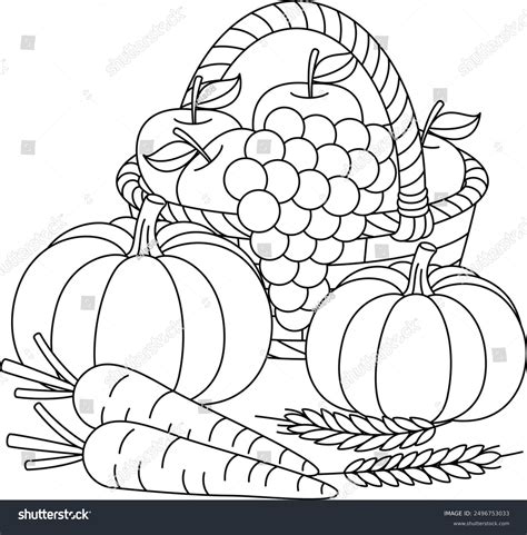 Basket Full Fruits Vegetables Outline Coloring Stock Vector Royalty