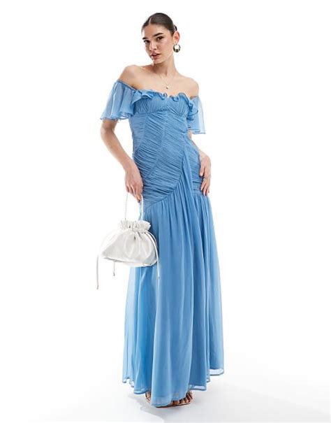 Asos Design Robe Longue à Fronces Et Encolure Bardot Volantée Bleu