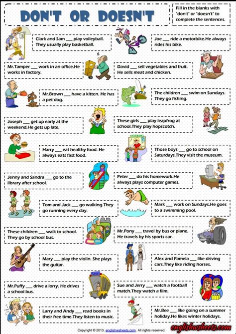 Don t or Doesn t Present Simple ESL Exercise Worksheet coursanglaisdébutant Present simple