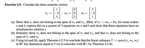 solved exercise 4 9 consider the three nonzero vectors v1 v2 and v3