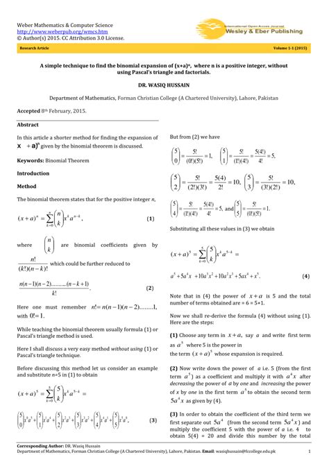 Pdf A Simple Technique To Find The Binomial Expansion Of X A N
