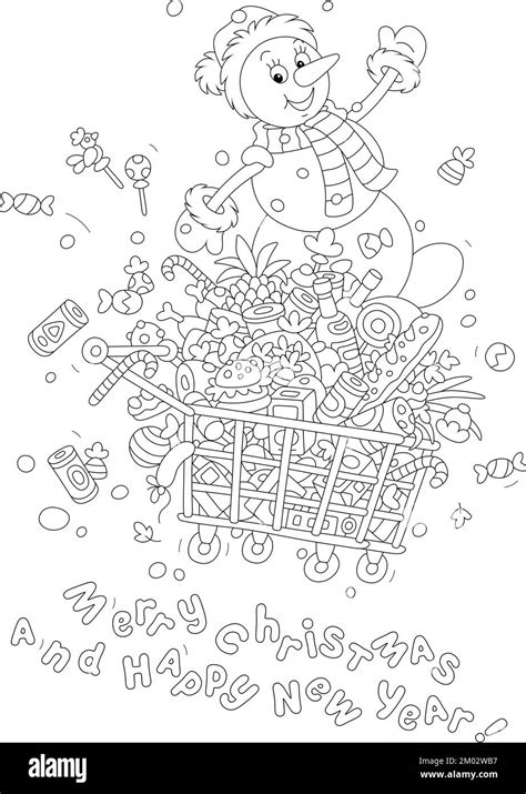 Merry Christmas And Happy New Year Greeting Card With A Funny Toy Snowman Riding On A Shopping