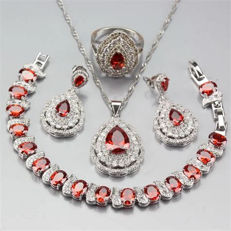 Luxurious 925 Sterling Silver Water Drop Red Garnet White Crystal