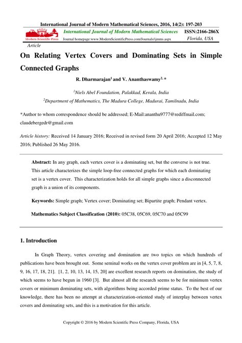 Pdf On Relating Vertex Covers And Dominating Sets In Simple Connected Graphs