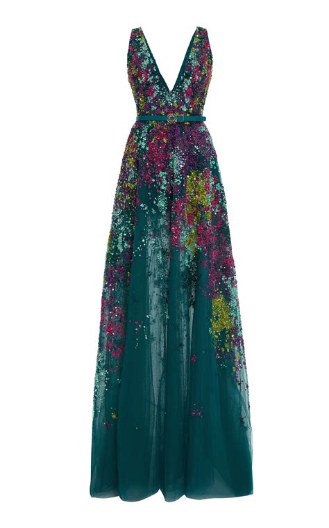 Bead Embroidered Belted Midi Dress By Elie Saab For Preorder On Moda