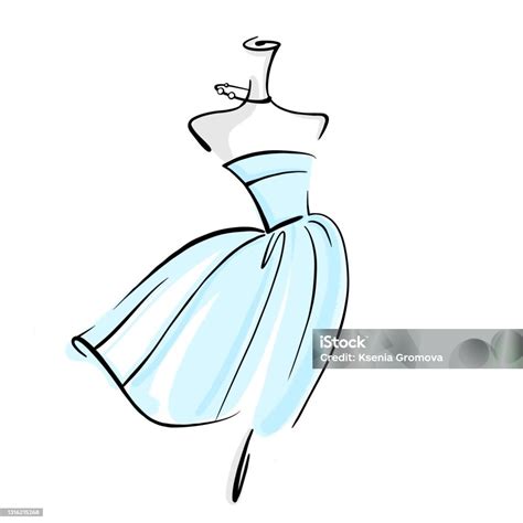 마네킹에 섬세한 플라잉 블루 드레스 선형 그래픽 흰색 배경에 대한 그림 피팅 마네킹에 대한 스톡 벡터 아트 및 기타 이미지