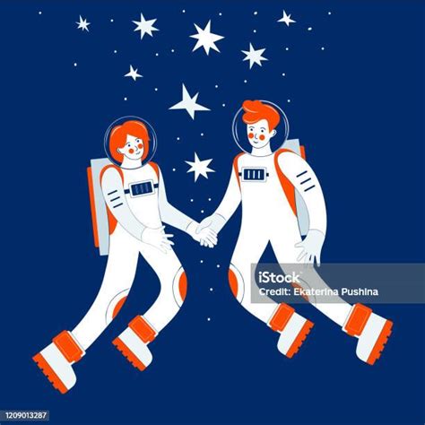 별 들 사이 우주 공간에서 우주 비행사 우주 비행사 사랑에 빠진 부부는 손을 잡고 우주에서 날아간다 우주에서 남자와 여자의 우주 사랑 벡터 플랫 일러스트레이션입니다 해피