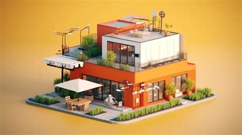 3d 렌더링을 사용한 아이소메트릭 뷰 최소 컨테이너 아키텍처의 현대적인 카페 및 레스토랑 레스토랑 건물 거리 카페 거리
