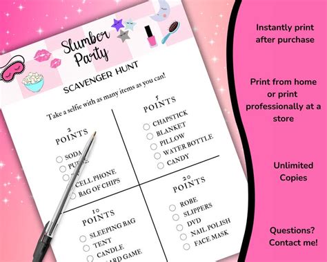 Printable Slumber Party Sleepover Scavenger Hunt For Girls Teens Tweens