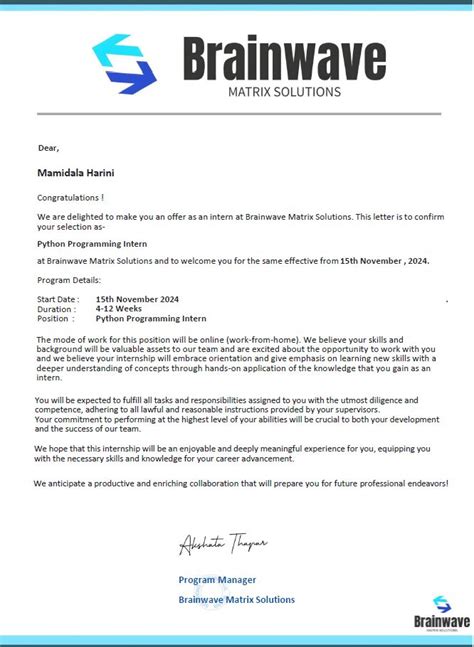 Mamidala Harini On Linkedin Brainwave Python Internship Careerjourney