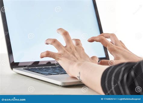 Cropped View Of Angry Girl Typing On Laptop Keyboard Isolated On White Cyberbullying Concept