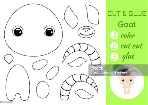 색칠 공부 는 아기 염소를 잘라 접착제 유치원 어린이를위한 교육 종이 게임 워크시트를 잘라내고 붙여넣습니다 종이에 색상 절단 부품 및 접착제 벡터 그림입니다 0명에 대한