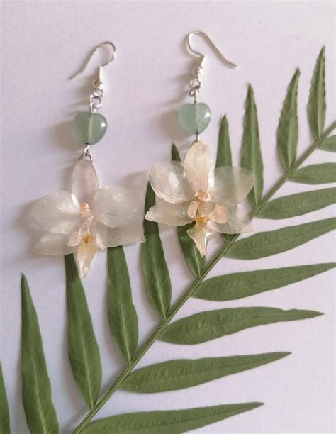 Real Orchid Earrings Preserved White Orchids With Jade Heart Beads