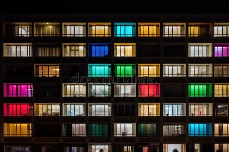 front view of building facade with colorful windows at night