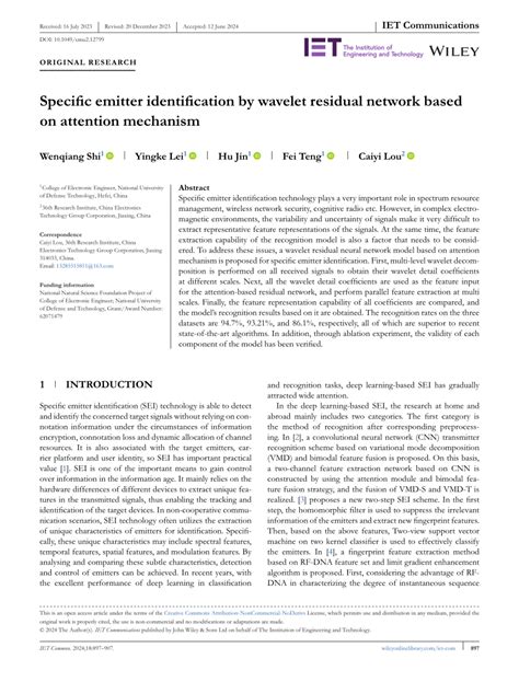 Pdf Specific Emitter Identification By Wavelet Residual Network Based