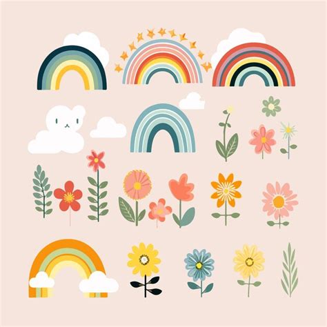 Arco Iris Vectorial Con Nubes Y Flores Vector Premium