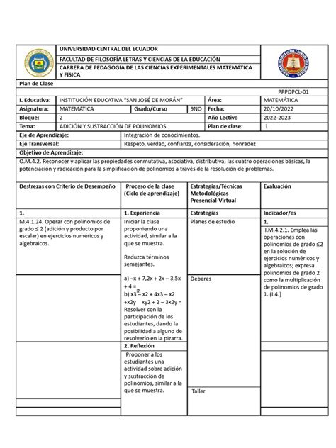 Plan De Clase N1 Pdf Sustracción Matemática Elemental